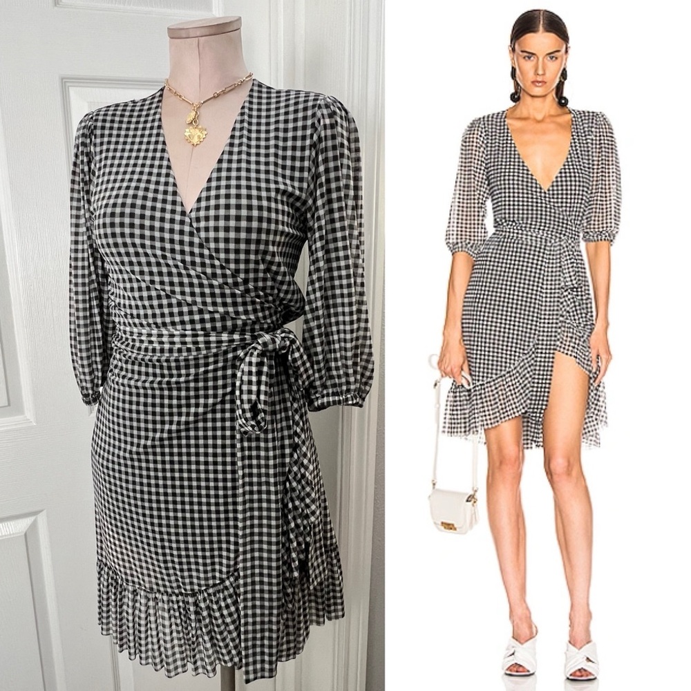 Ganni Checkered Mesh Stretch Wrap Mini Dress Sz 38 - Gem